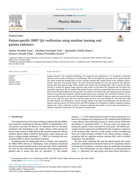 pdf patient specific imrt qa verification using machine learning and