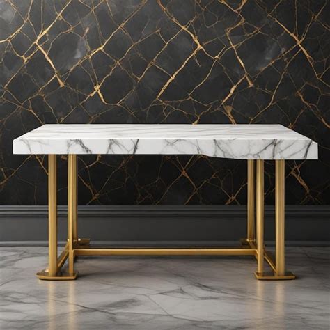 A Marble Table With Gold Legs And Gold Legs Is In Front Of A Black Wall