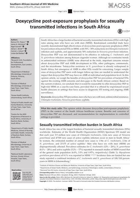 Pdf Doxycycline Post Exposure Prophylaxis For Sexually Transmitted Infections In South Africa