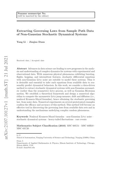 Pdf Extracting Governing Laws From Sample Path Data Of Non Gaussian Stochastic Dynamical Systems