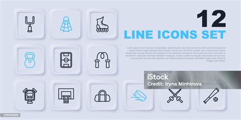 세트 라인 펜싱 공이 있는 야구 방망이 축구장 하키 퍽 무게 농구 백보드 배드민턴 셔틀콕 및 스포츠 가방 아이콘 벡터 건강한 생활방식에 대한 스톡 벡터 아트 및 기타 이미지