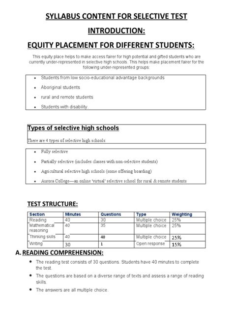 Syllabus Content For Selective Test Pdf Multiple Choice Reading Comprehension