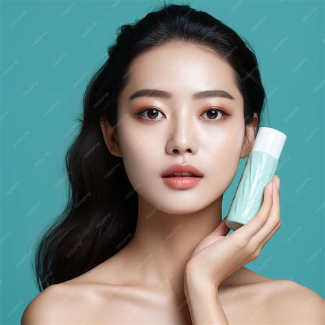 Premium Photo Korean Woman Holding Tube Of Facial Cream On Turquoise