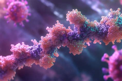 Close Up View Of A Molecular Rna Chain Surrounded By Various Viruses In A Colorful Environment