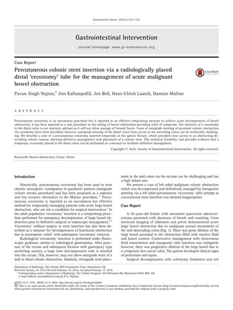 Pdf Percutaneous Colonic Stent Insertion Via A Radiologically Placed