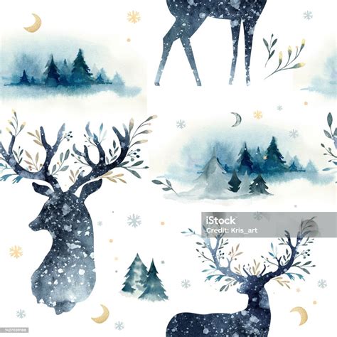 사슴과 수채화 겨울 숲 원활한 패턴 소나무가 산에서 전나무로 전나무와 크리스마스 트리 풍경 손으로 그린 배경 스노우 홀리데이 디자인 나무에 대한 스톡 벡터 아트 및 기타