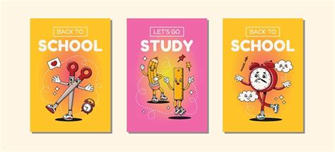 신학기 포스터 세트입니다 그루비한 복고풍 문구류 캐릭터 또는 마스코트와 노란색 분홍색 그라디언트 배경이 있는 재미있는 교육