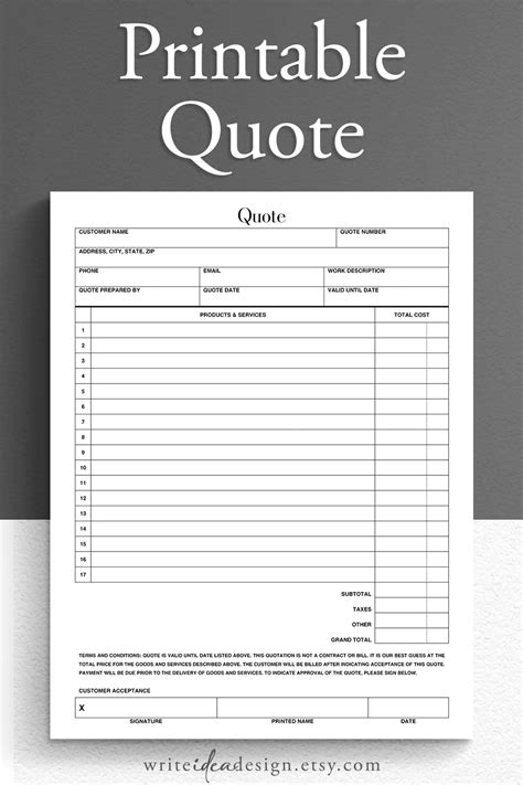 Printable Quote Template Quote Form Job Proposal Template Construction Quote Job Estimate
