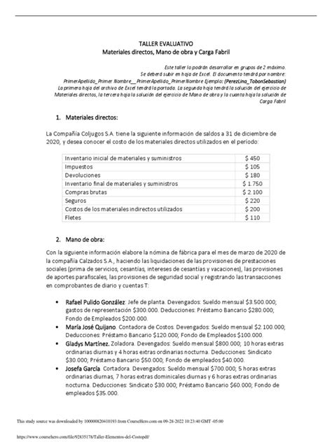 Taller Elementos Del Costo Pdf Download Grátis Pdf Economias