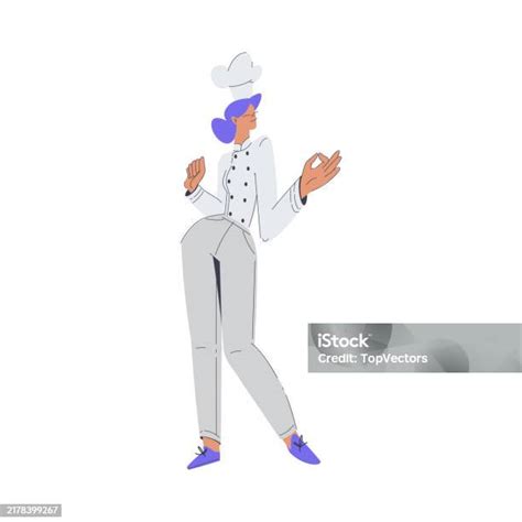 빵집 와 여자 제빵사 캐릭터 에서 제복 서 있는 쇼 손 몸짓 벡터 일러스트 가정 주방에 대한 스톡 벡터 아트 및 기타 이미지