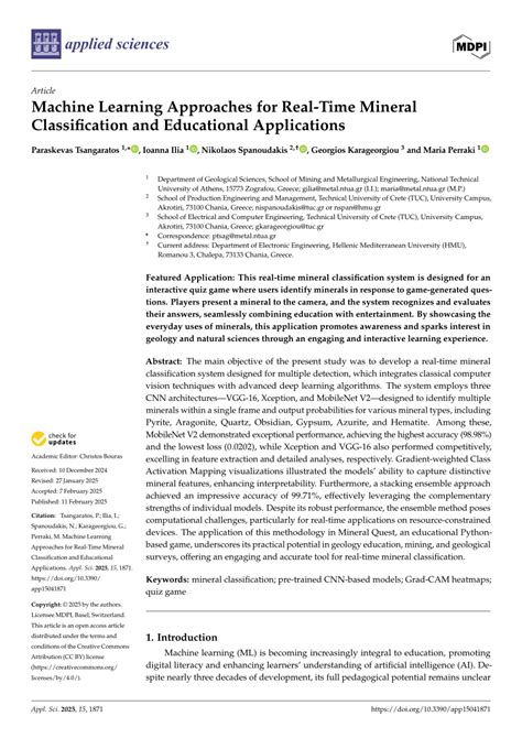 Pdf Machine Learning Approaches For Real Time Mineral Classification