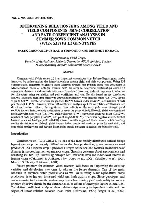 Pdf Determining Relationships Among Yield And Yield Components Using
