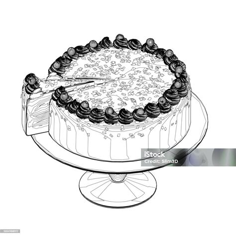 케이크 개요 등고선 그리기 스타일의 생일 케이크 전통적인 생일 케이크는 흰색 배경에 분리된 미니멀한 검은색 선형 스케치입니다 벡터 그림 Deserter에 대한 스톡 벡터