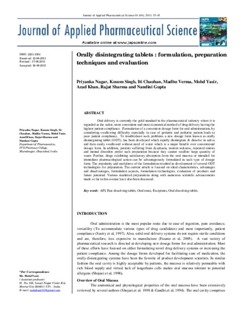 Pdf Orally Disintegrating Tablets Formulation Preparation Techniques And Evaluation