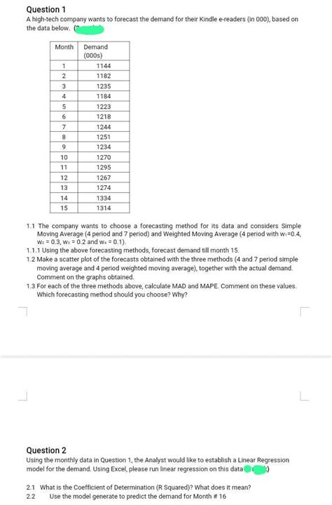 Solved Question 1 A High Tech Company Wants To Forecast The