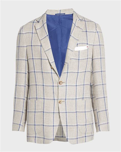 Kiton Mens Windowpane Cashmere Linen Sport Coat Neiman Marcus