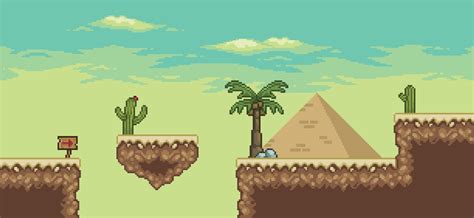 Pixel Art Desert Game Scene With Pyramid Palm Tree Cactuses Floating