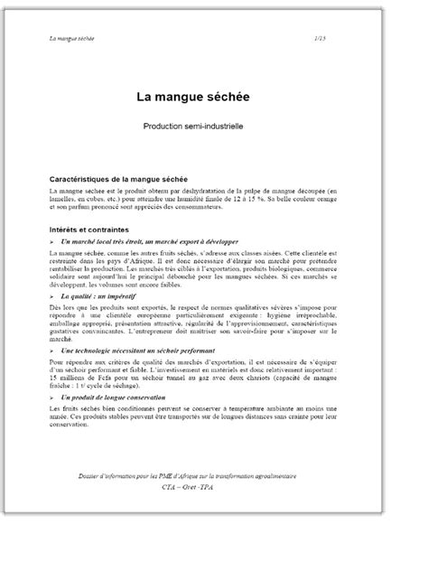 La Mangue Séchée Production Semi Industrielle Caractéristiques De La