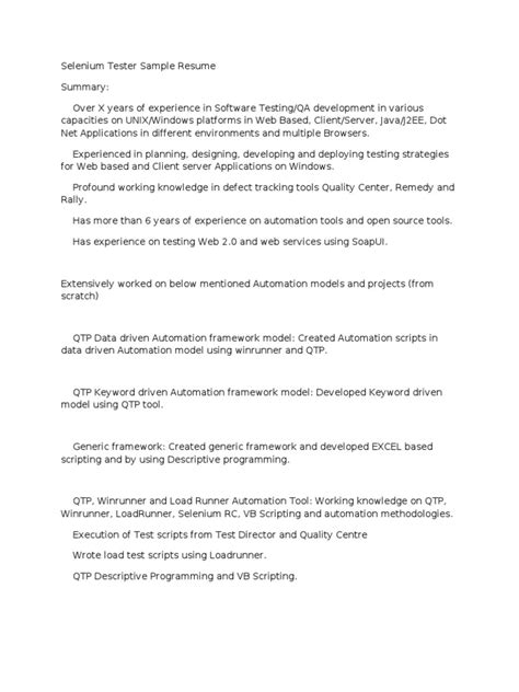 Selenium Tester Resume Sample Pdf Selenium Software Scripting