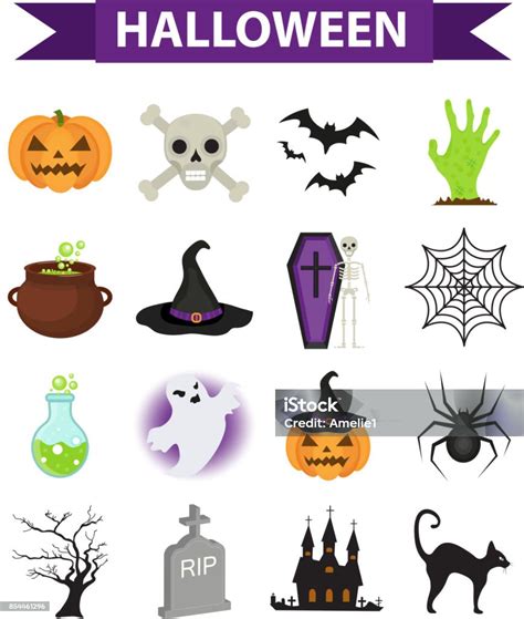 해피 할로윈 아이콘 설정 스타일 플랫 흰색 배경에 고립 할로윈 호박 마녀 모자 거미 좀비 해골 관 박쥐와 디자인 요소의