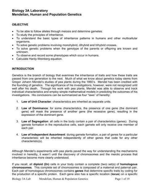 Biology 3a Laboratory Mendelian Human And Population Genetics