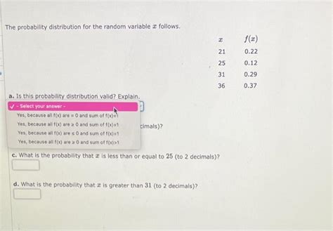 Solved The Probability Distribution For The Random Variable Chegg