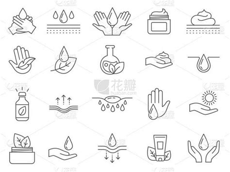 护肤图标。概述防老化乳霜滴油手部保湿凝胶胶原蛋白和ph平衡天然化妆品线载体集