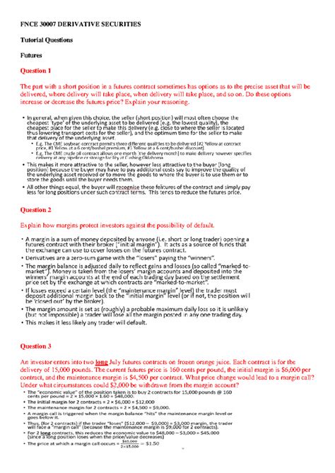 Tutorial 1 10 Solutions Fnce 30007 Derivative Securities Tutorial Questions Futures Question 1