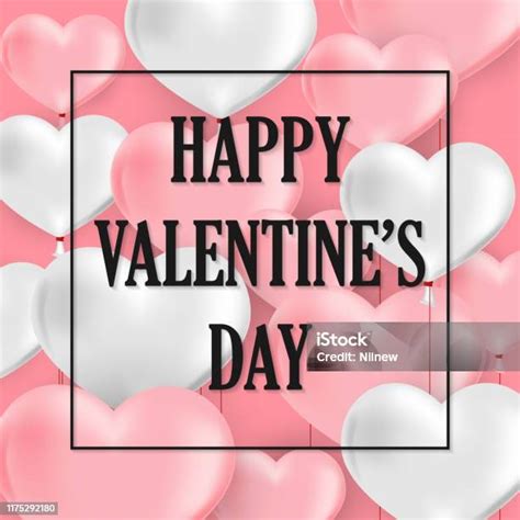 분홍색과 흰색 하트 모양 풍선 분홍색 배경과 검은 색 프레임 해피 발렌타인 데이 텍스트의 발렌타인 데이 배경 발렌타인 데이 인사말 카드 또는 배너 벡터 그림입니다 2월에