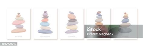 명상 돌 균형 피라미드 세트 벡터 일러스트 레이 션 쌓인 조약돌 파스텔 색상 흰색 배경에 고립된 개체 모음 조약돌에 대한 스톡 벡터 아트 및 기타 이미지 Istock