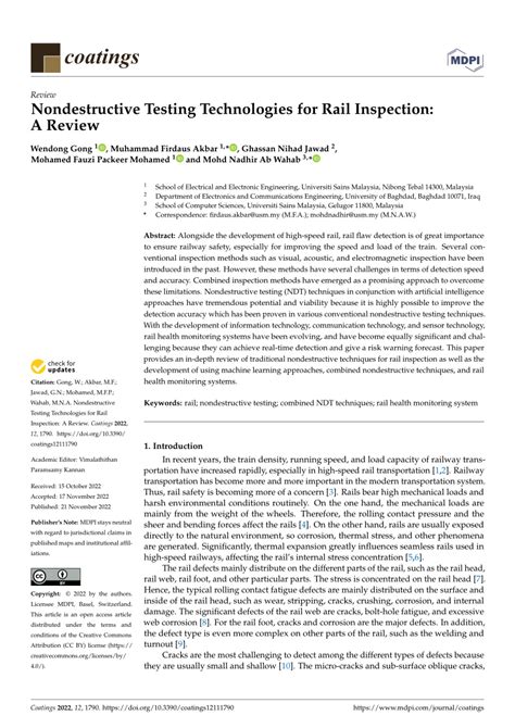 PDF Nondestructive Testing Technologies For Rail Inspection A Review