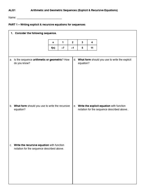 Math 9th Arithmetic And Geometric Sequences Explicit And Recursive Equations Pdf Function