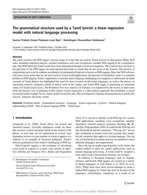 The Grammatical Structure Used By A Tamil Lyricist A Linear Regression Model With Natural