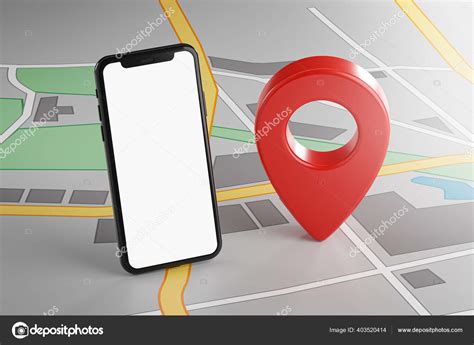 Smartphone Red Gps Pin Mapa Mockup Plantilla Pantalla Renderizado Fotografía De Stock