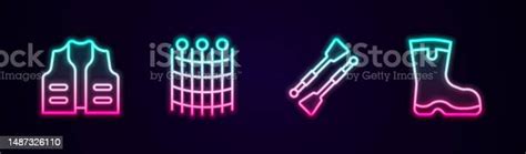 세트 라인 낚시 재킷 그물 패턴 노 또는 패들 보트 및 부츠 빛나는 네온 아이콘입니다 벡터 강에 대한 스톡 벡터 아트 및 기타 이미지 Istock