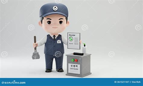 Cheerful Chibi Korean Custodian 3d Render Smiling Cartoon Character In