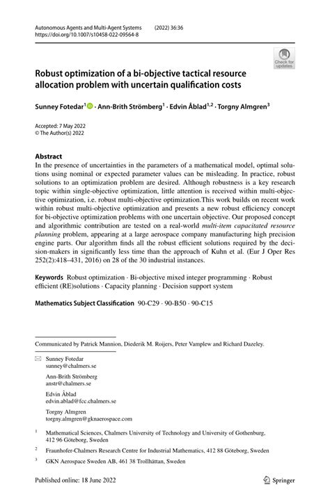 Pdf Robust Optimization Of A Bi Objective Tactical Resource