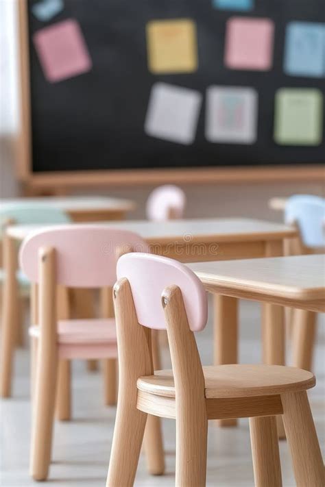 This Primary School Classroom Features Small Wooden Desks Arranged Neatly With Colorful Posters