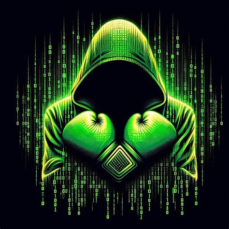 cyber boxer in digital matrix green hooded figure with binary code