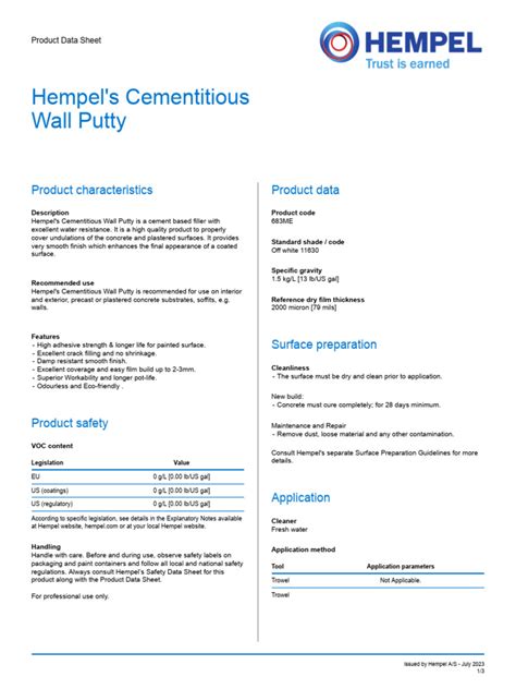 Hempels Cementitious Wall Putty Product Characteristics Product Data Pdf Concrete Plaster