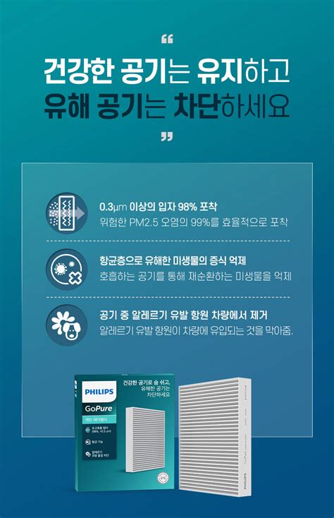 필립스 고퓨어 자동차 차량용 에어컨 향균 필터 3팩 특가구성 냄새차단 극초미세먼지 Pm03 차단philips Automotive