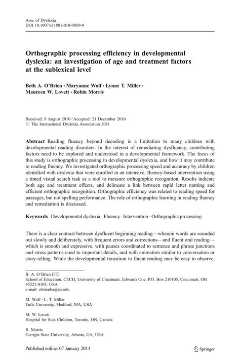 Pdf Orthographic Processing Efficiency In Developmental Dyslexia An Investigation Of Age And