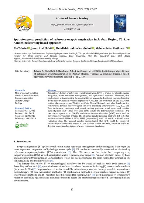 Pdf Spatiotemporal Prediction Of Reference Evapotranspiration In Araban Region Türkiye A