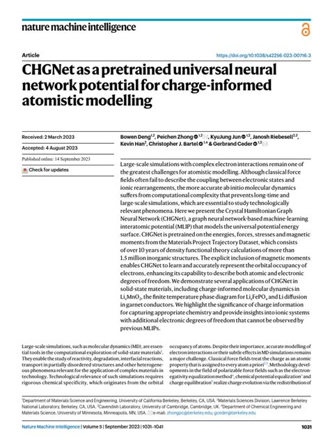 Chgnet As A Pretrained Universal Neural Network Potential For Charge Informed Atomistic