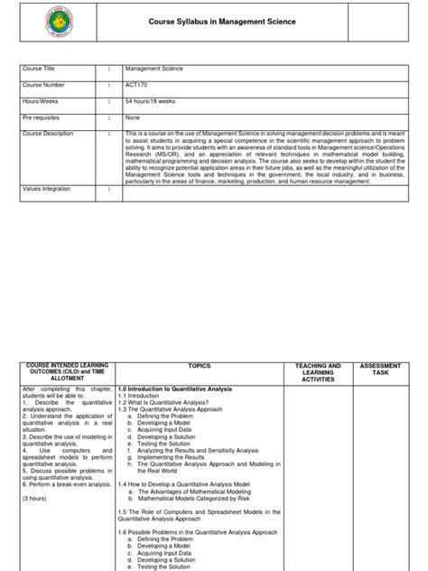 Act170 Course Syllabus In Management Science Pdf Regression Analysis Mathematical Optimization