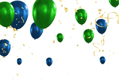 흰색 배경에 색종이 조각과 리본이 있는 파란색 풍선입니다 벡터 일러스트 레이 션입니다 3차원 형태에 대한 스톡 벡터 아트 및 기타 이미지 3차원 형태 개체 그룹