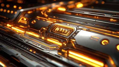 Glowing Circuit Board Technology Abstract Orange Metal Background Futuristic Design Stock