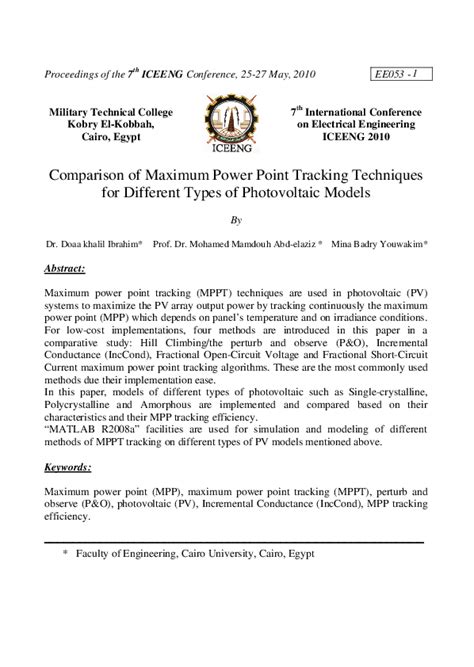 Pdf Comparison Of Maximum Power Point Tracking Techniques For Different Types Of Photovoltaic