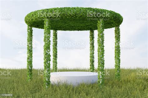 Abstact 3d 렌더링 봄 장면과 자연 연단 배경 아이비 잎 파빌리온 배경 하늘과 구름이 있는 꽃과 잔디밭의 돌 연단은 제품