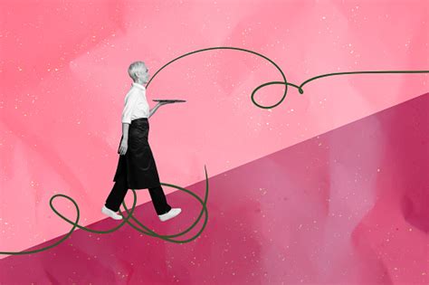 3d 스케치 포스터 추세 콜라주 이미지 행복 늙은 여자 웨이터 산책 카페 주문 나르다 트레이 서비스 바 주인 직업 일 웨이터에 대한 스톡 사진 및 기타 이미지 Istock